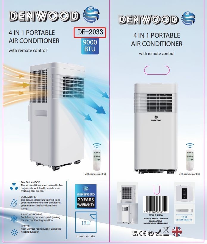 Denwood Portable Air Conditioner 4-in-1 Cooling Heating Dehumidifier ...