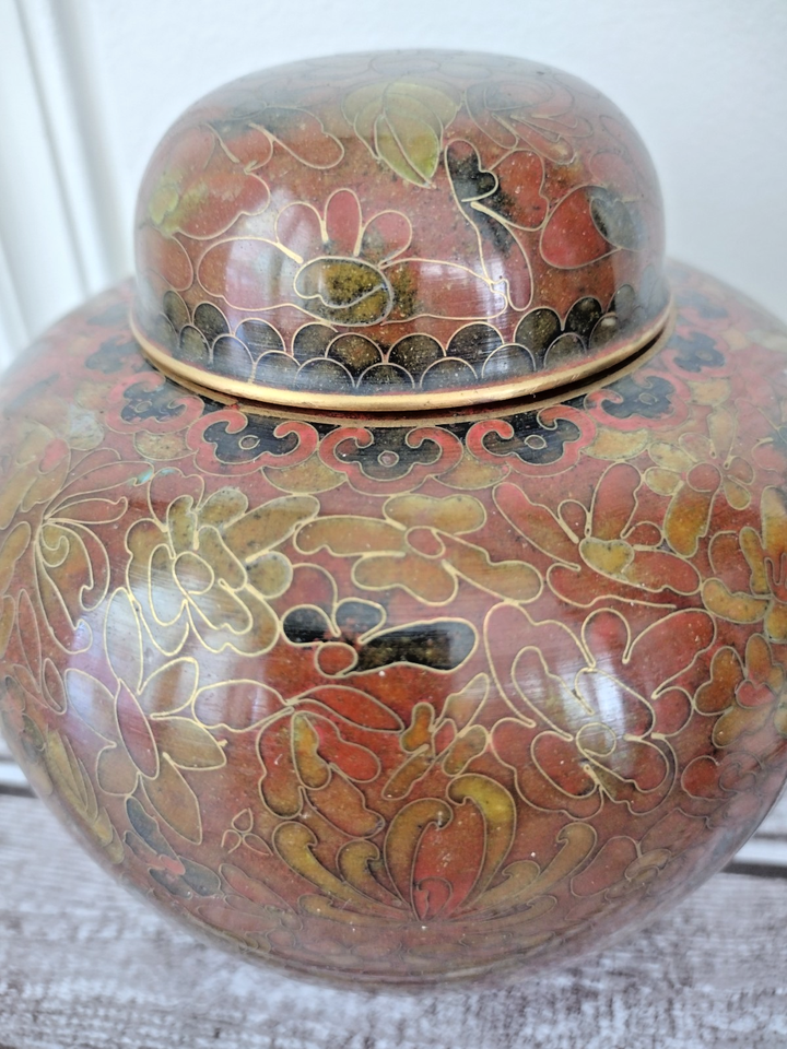 Vintage Jingfa Dark Earth Tone Floral Lotus Cloisonne Enamel Ginger Jar ...
