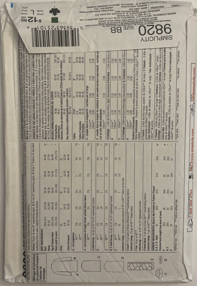 Simplicity 9820 Fleece Jacket Scarf Misses Sewing Pattern Uncut Size L ...