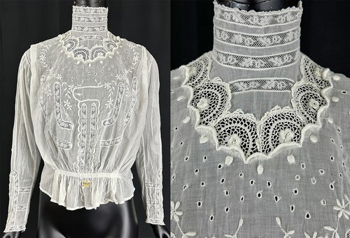 Edwardian Victoria Embroidered White Cotton Lace High Collar Shirtwaist ...