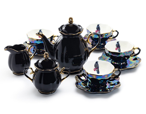 Black Gold Teapot Sugar Creamer 4 Crow Black Gold Luster Tea Cup and ...