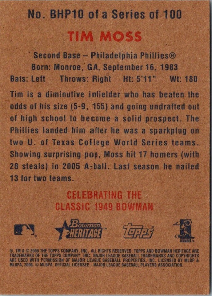 2006 Bowman Heritage Prospects Tim Moss #BHP10 Philadelphia Phillies ...