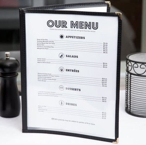100 PACK 8 1/2" x 11" Black Vinyl Two Page Pocket Clear Menu Cover ...