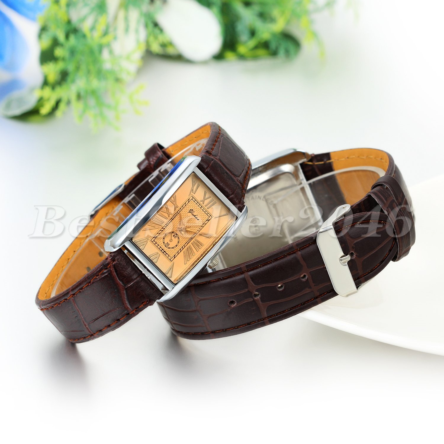 Mens Womens Square Dial Roman Numerals Leather Band Sport Quartz Wrist ...