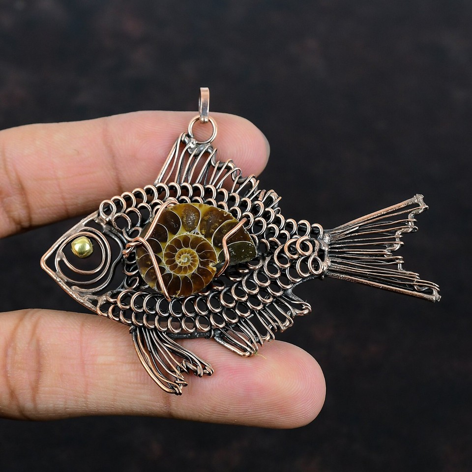 Gift For Her Ammonite Fossil Wire Wrapped Fish Pendant Copper Jewelry 2 ...
