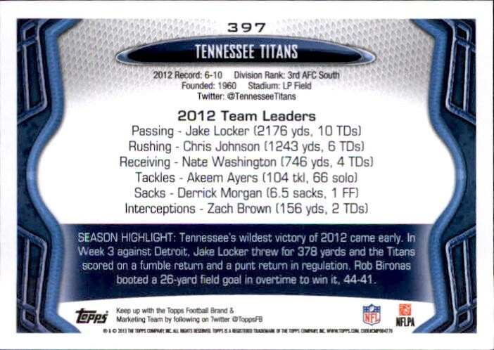 Tennessee Titans 2013 Topps Team Card #397 | eBay
