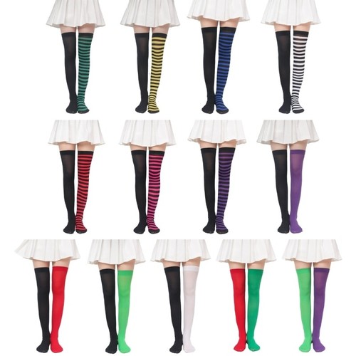 Women Girls Holiday Thigh Stockings Colorblock Patchwork Striped Long ...
