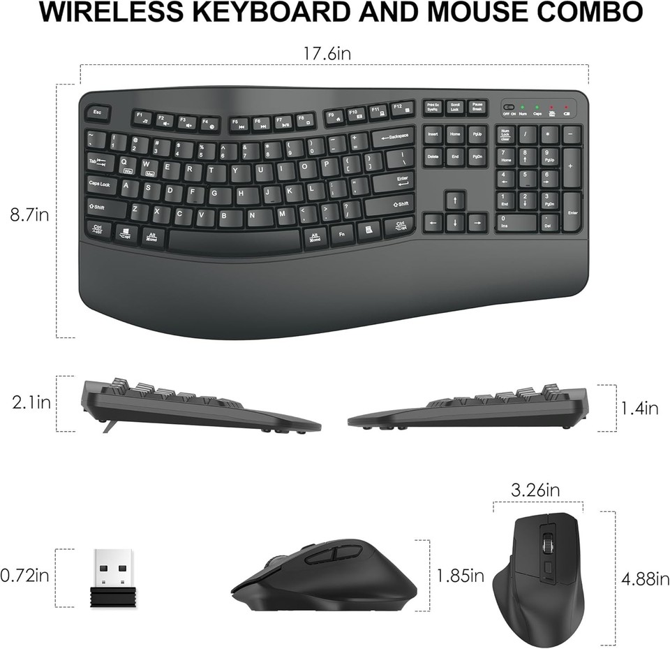 Wireless Keyboard and Mouse Combo, 2.4G Full Size Wave Keys Ergonomic ...