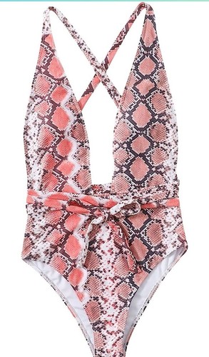 Women's Front Deep V Open Back Snake Skin Print Swimsuit Bathing Large ...