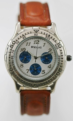 Relic Watch Mens Day Date 24hr Brown Leather Stainless Silver White ...