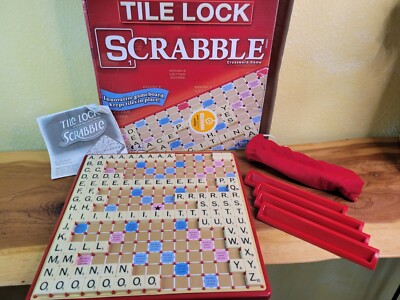 Scrabble Tile Lock Board Game w/ Plastic Racks (4) + Tiles + Drawstring ...