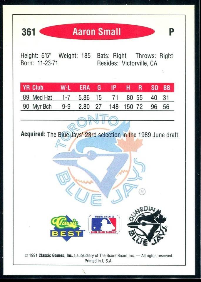 1991 Classic Baseball Aaron Small #361 Toronto Blue Jays | eBay