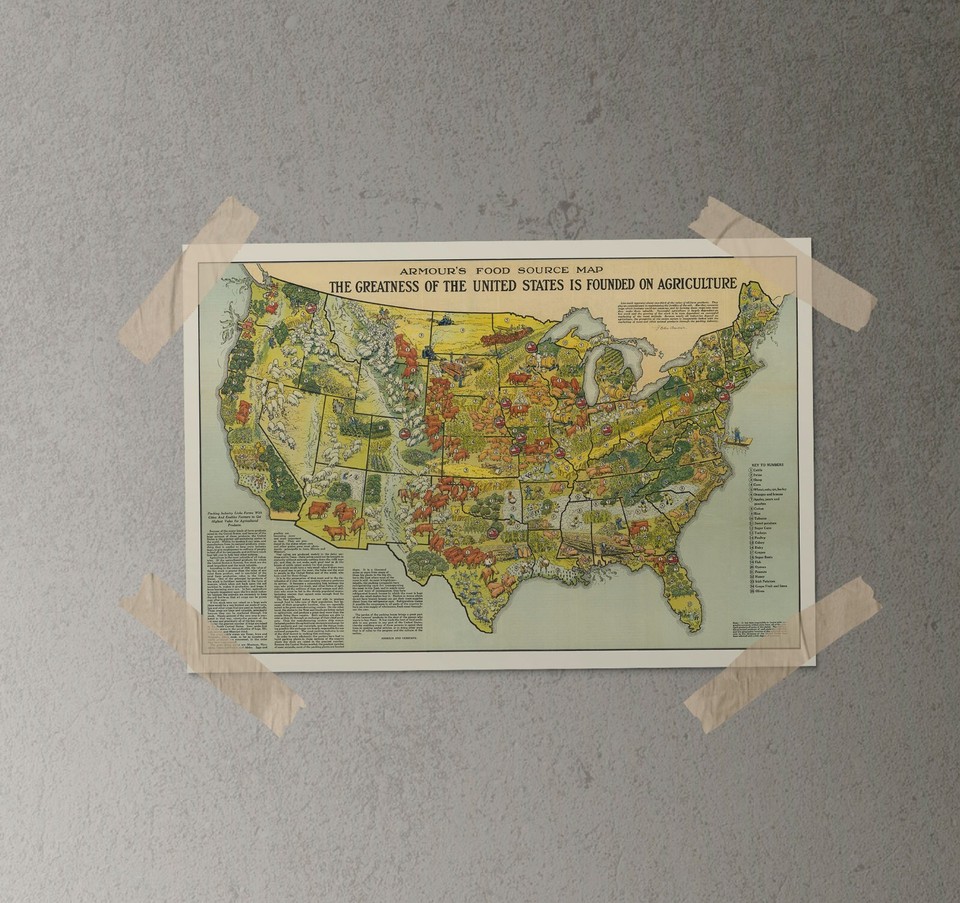 Vintage 1930s Armour’s Food Source Map Poster – U.S. Agriculture ...