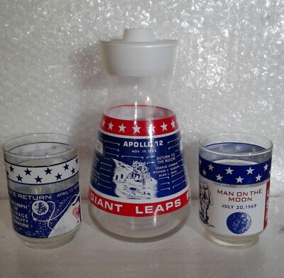 Vintage NASA Apollo 11,12,13 carafe pitcher commemorative with lid & 2 ...
