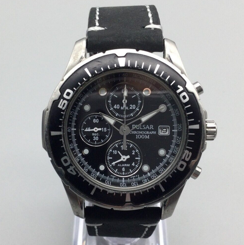 Pulsar Watch Men Chronograph 40mm Black Date 7T62-X068 Leather Band New ...