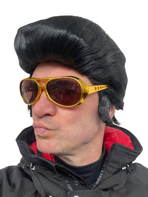 1950s Black Quiff Elvis Wig Rock N Roll Teddy Boy & Gold Glasses ...