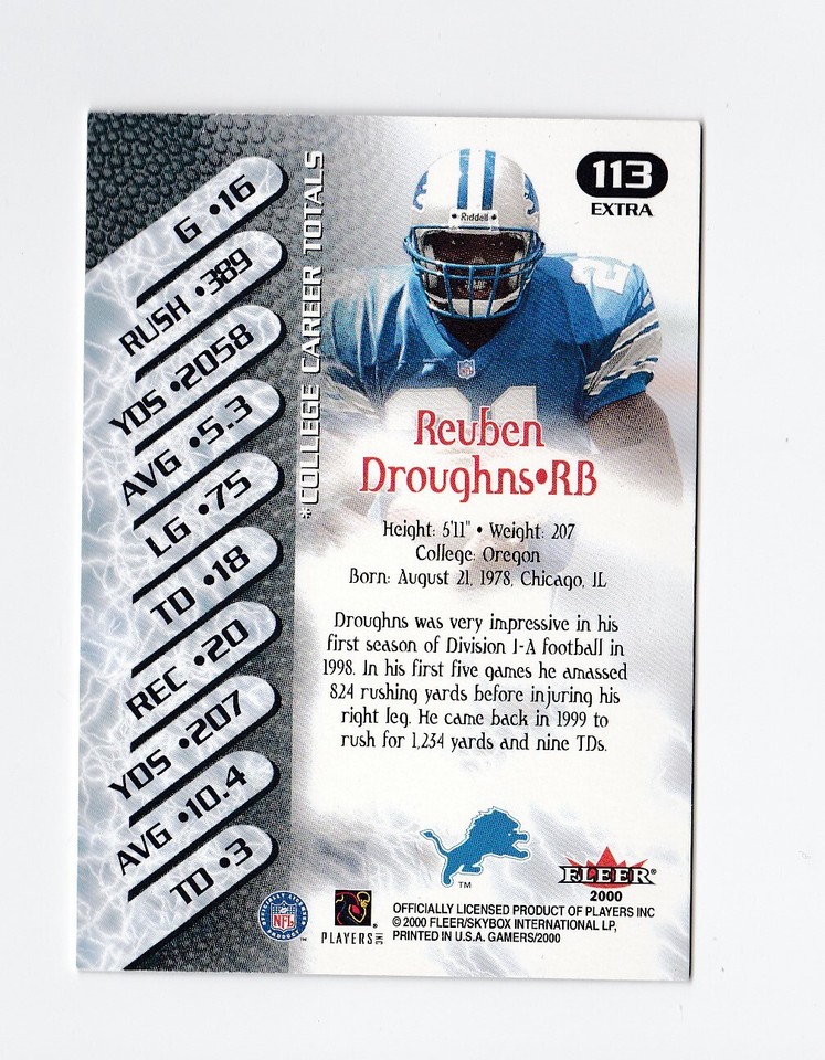 2000 Fleer Gamers Extra #113 Reuben Droughns Detroit Lions Oregon Ducks ...