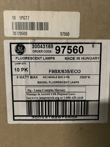 GE 97560 F9BX/835/ECO Biax S 9W 2 Pin G23 Base Fluorescent Lamp box of ...