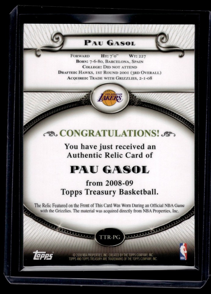 Pau Gasol 2008-09 Topps Treasury Game Jersey Relic Card #TTR-PG | eBay