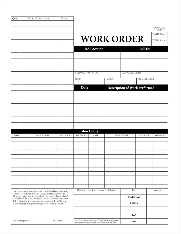 Work Order Form - 2 Part Carbonless Form (100 Pack) | eBay