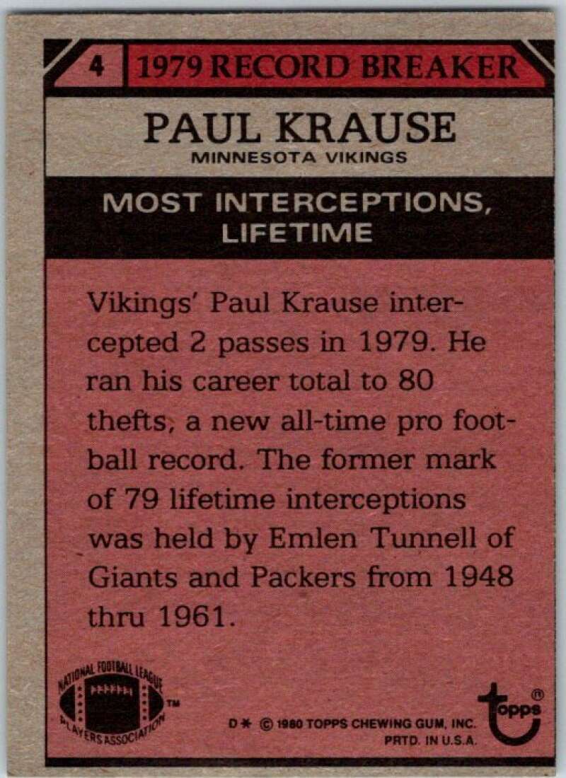 1980 Topps Football #4 Paul Krause RB Minnesota Vikings V44764 | eBay