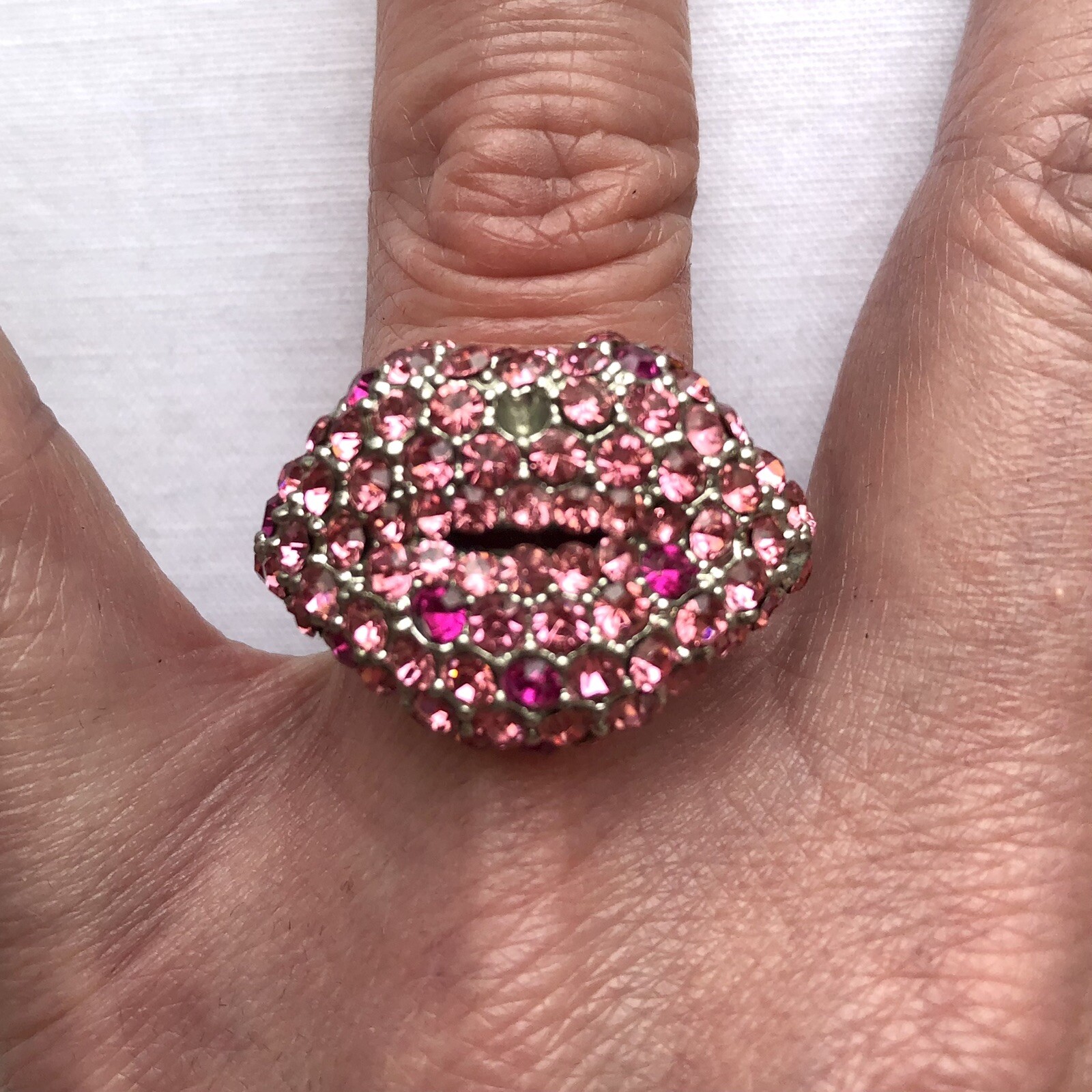 Chunky Lips Ring Pink Rhinestone Rocky Horror Silver Tone Statement ...