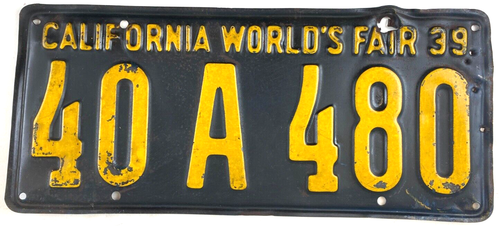 Vintage 1939 California Auto License Plate 40 A 480 Man Cave Garage ...
