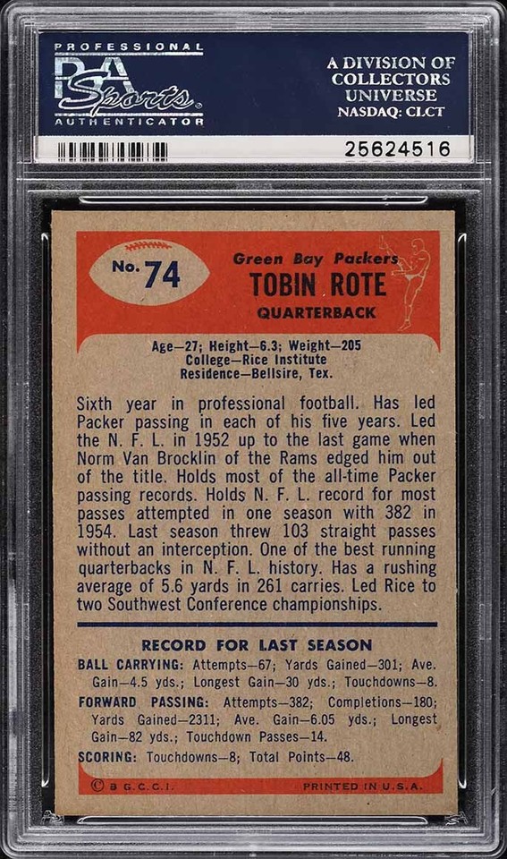1955 Bowman FB Card # 74 Tobin Rote Green Bay Packers HOF PSA 8 NM-MT ...