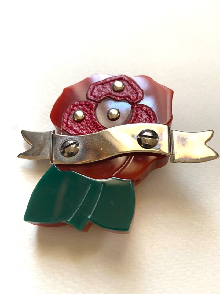 PRADA ROSE FLOWER BROOCH PIN RESIN PLASTIC METAL RED GREEN 2.5 X 2.75 ...