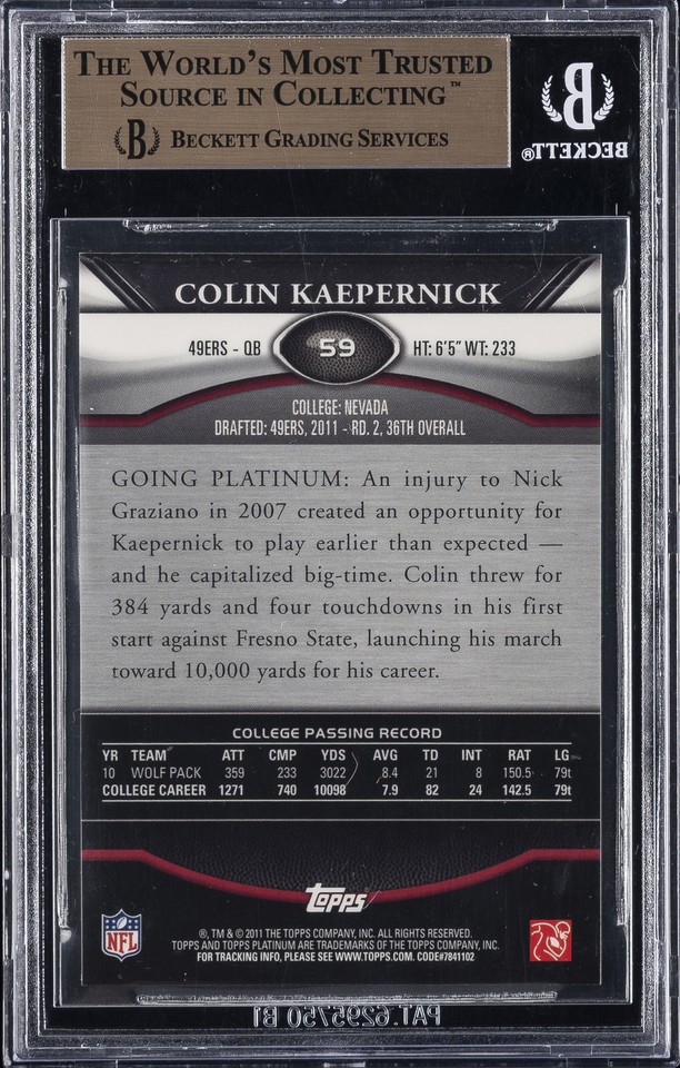 2011 TOPPS PLATINUM BLUE REFRACTORS #59 COLIN KAEPERNICK ROOKIE 146/299 ...