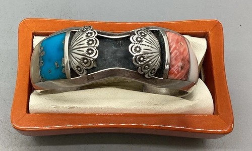 E. Atenico Sterling Silver Navajo Watch Cuff Bracelet - Onyx, MoP ...