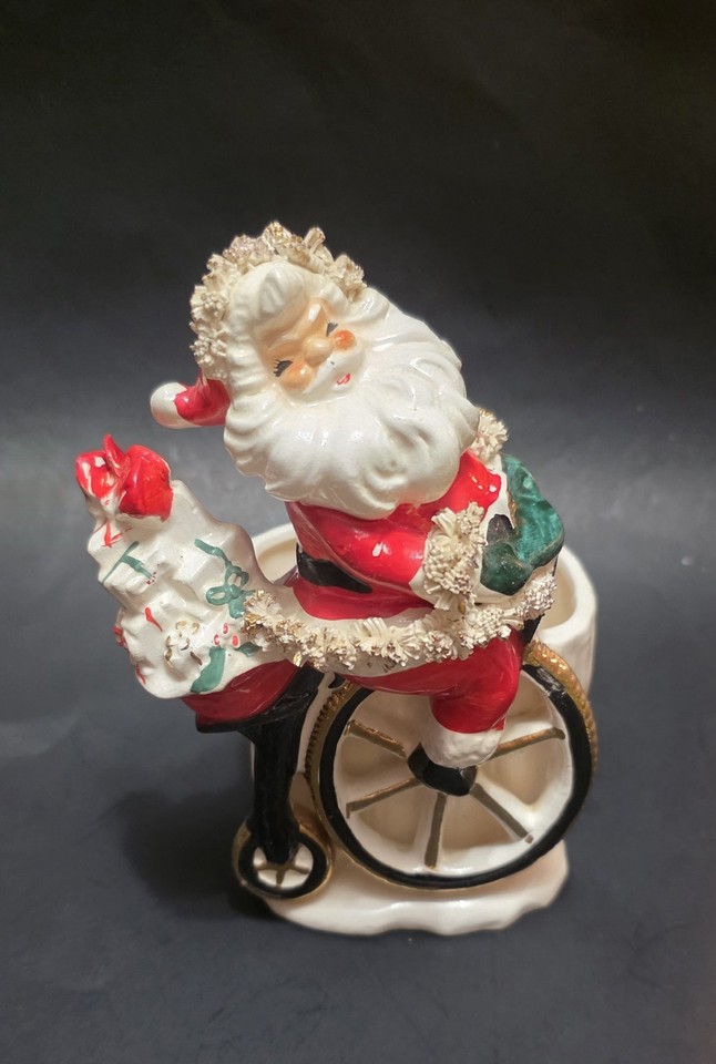 Vintage Lefton Spaghetti Santa Claus On Bicycle With Presents Planter ...