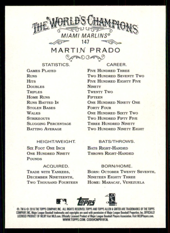 2016 Topps Allen & Ginter Martin Prado Miami Marlins #147 MLB Baseball ...