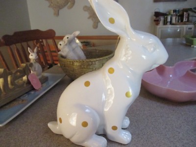 NWT 12" Bella Lux Large Ceramic Easter Rabbit Bunny White & Gold Polka ...