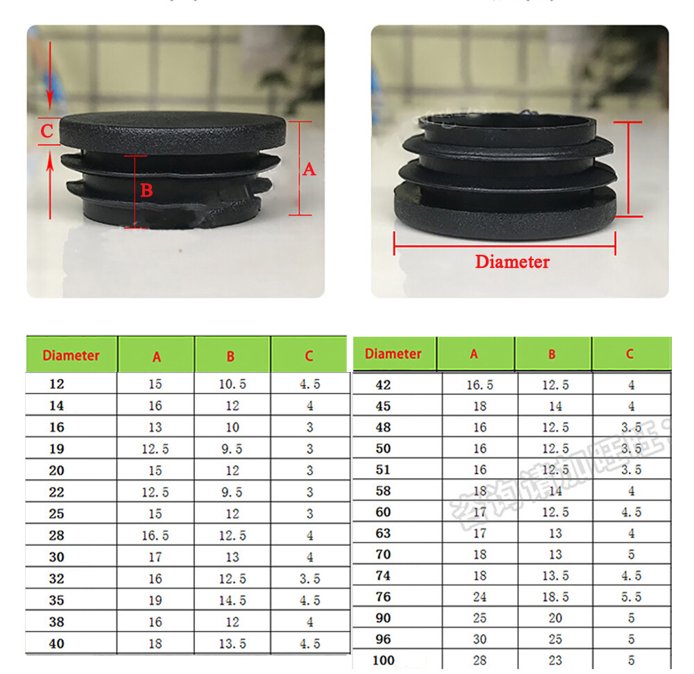 90mm/100mm Round Black Plastic End Caps Pipe Stopper Stainless Steel ...