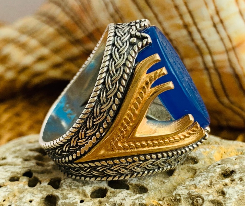 Muslim Shia Kufi Engraved Calligraphy Blue Agate 925 Sterling Silver ...