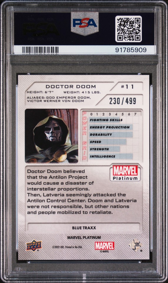 2023 Upper Deck Marvel Platinum DOCTOR DOOM BLUE TRAXX /499 PSA 10 #11 ...