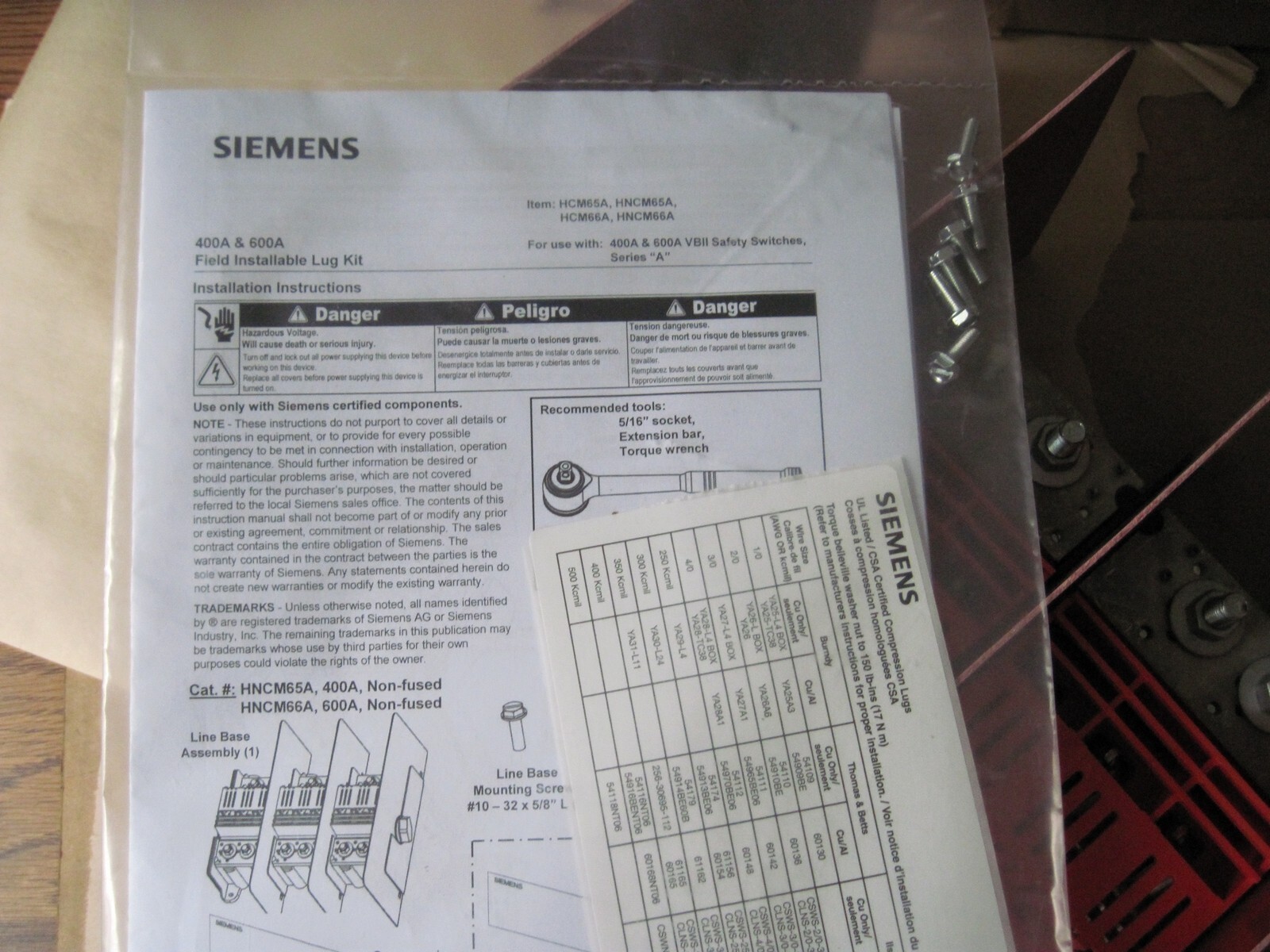 Siemens HNCM66A VBII Safety Switch Accessory Field Replacement Lug Kit ...