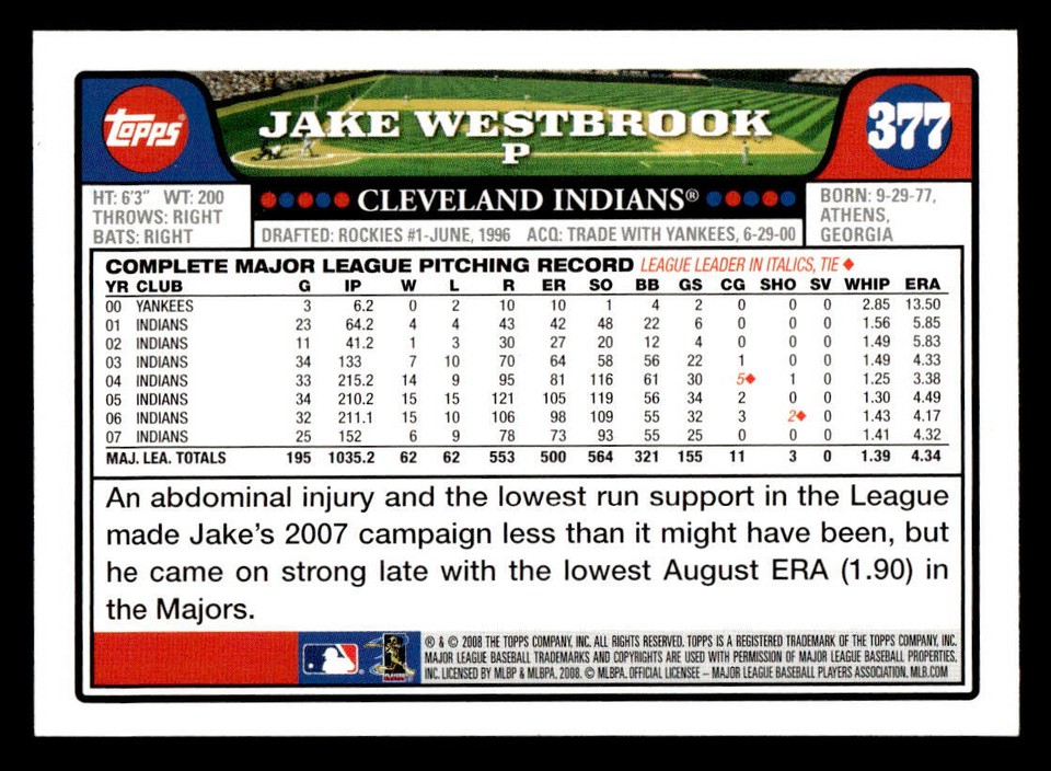 Jake Westbrook 2008 Topps #377 Cleveland Indians | eBay
