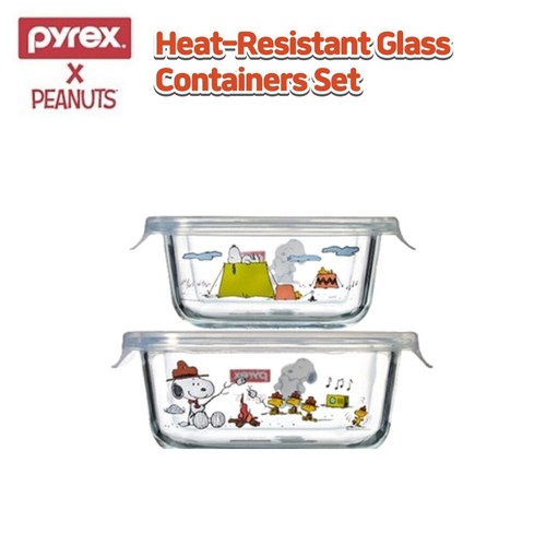 Pyrex Peanuts Snoopy Glass Storage Heat Resistant Containers Square 2p ...