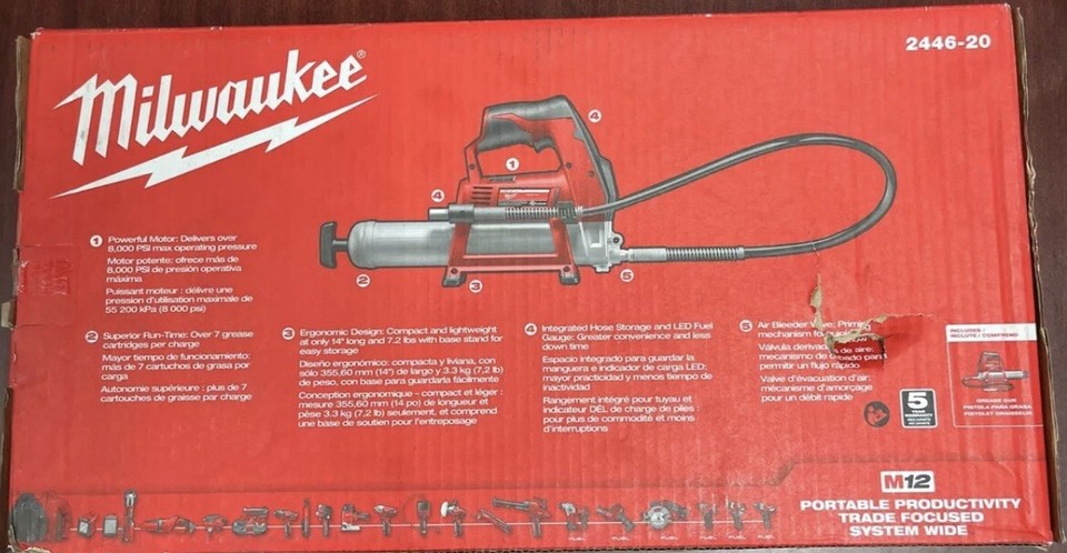 Milwaukee 2446-20 M12 12V Cordless Lithium-Ion Grease Gun, 8000 PSI ...
