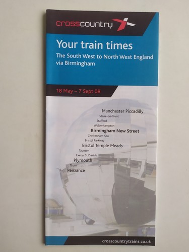 Cross Country Railway Fold-Out Timetable Manchester Bristol Penzance ...