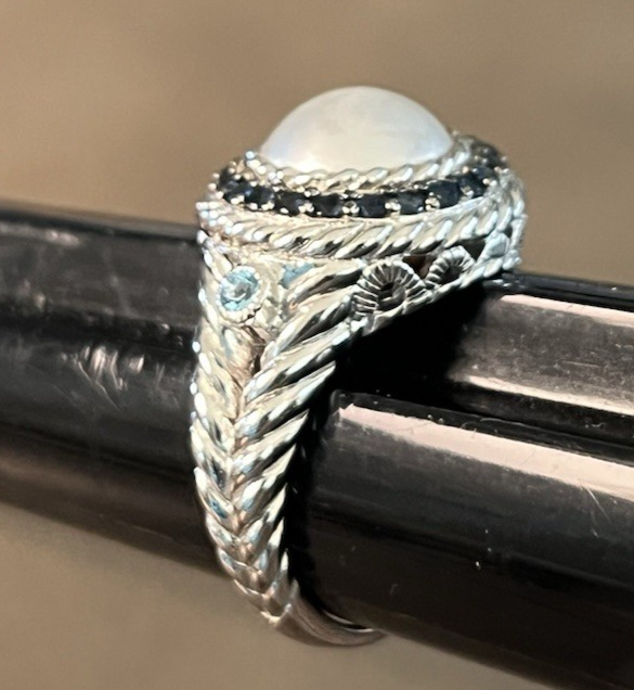 Judith Ripka Sterling Silver Mabe Pearl, Sapphire ring with blue topaz ...