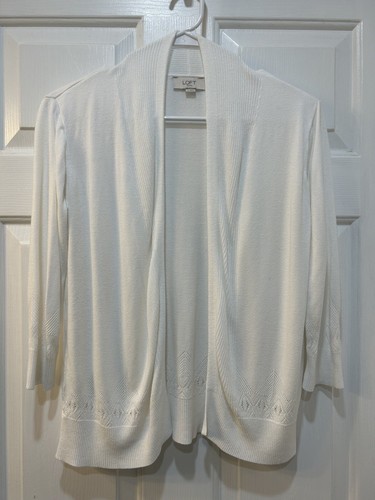 Loft White Open Cardigan Sweater Delicate Crochet Pattern Beachy Preppy ...