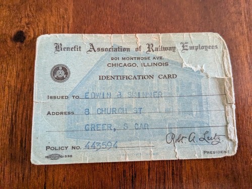 VTG Id Card Benefit Assn. Railway Employees Chicago Illinois Edwin ...