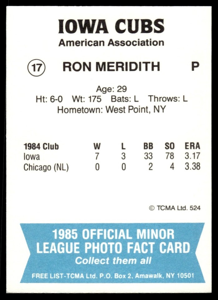 1985 TCMA Iowa Cubs Ron Meridith Iowa Cubs #17 | eBay