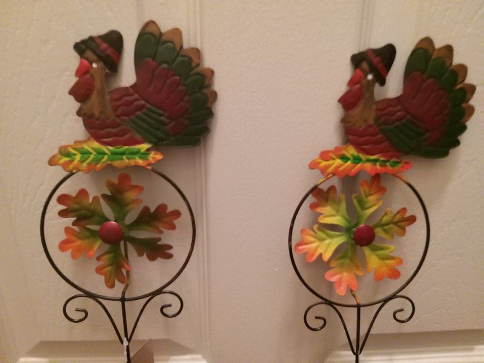 Hello Fall Metal Turkey Yard Stake With Windmill Set of Two | eBay