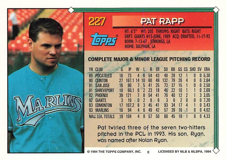 Pat Rapp 1994 Topps Baseball Card #227 Marlins | eBay