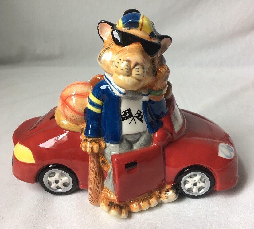 Fitz and Floyd Coin Bank BOYS TOYS Fun Funds Tiger Cat Convertible Car ...