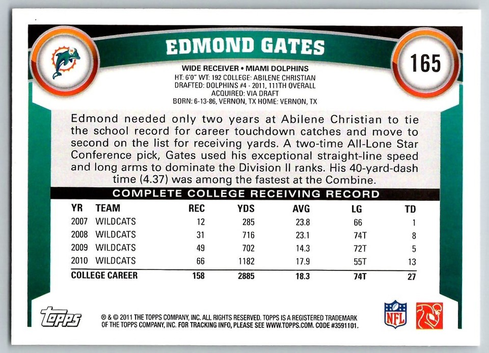 2011 TOPPS EDMUND GATES MIAMI DOLPHINS #165 | eBay